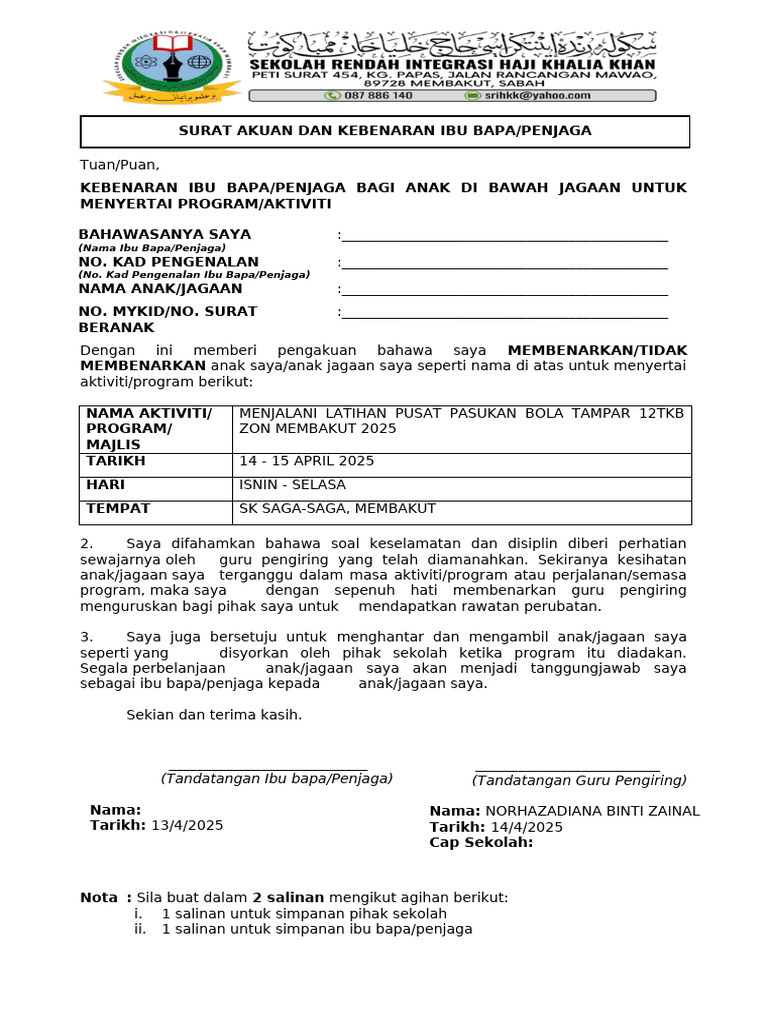 Surat Kebenaran Ibubapa Aktiviti & Program Latest | PDF