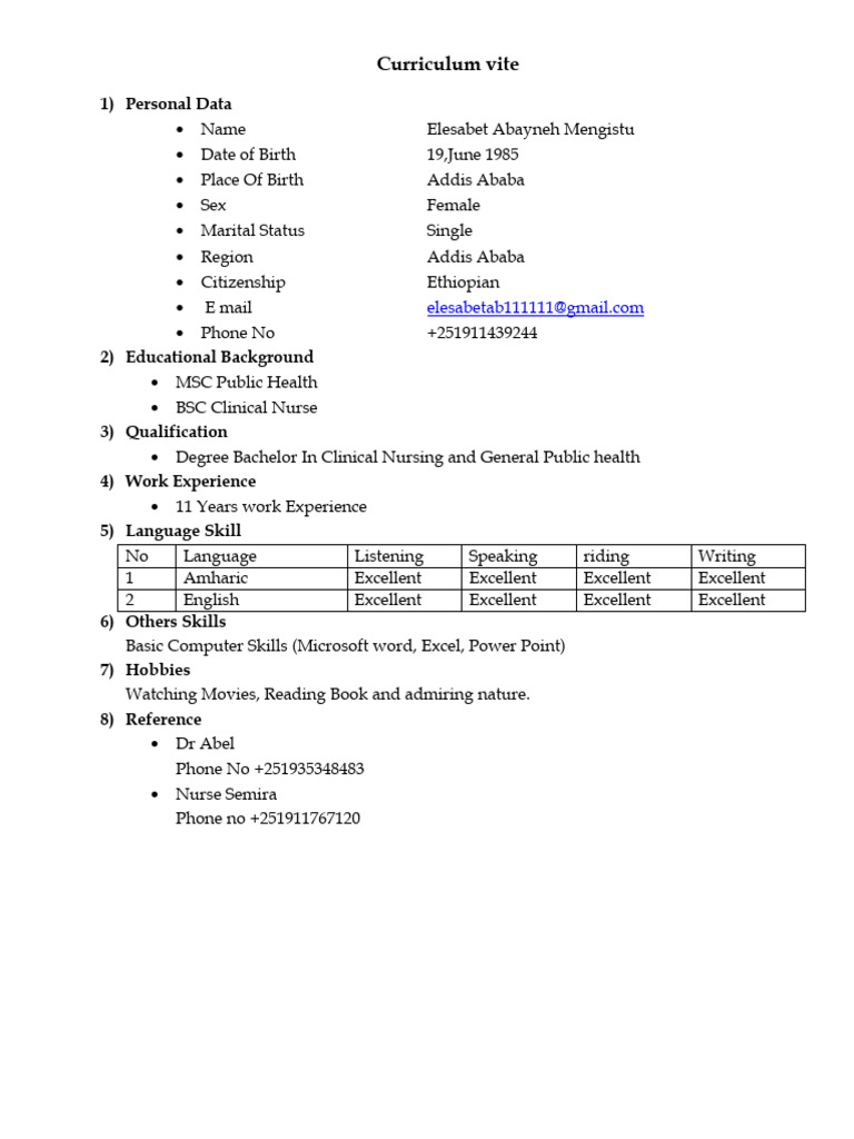 Elesabet Mengistu's Curriculum Vitae | PDF
