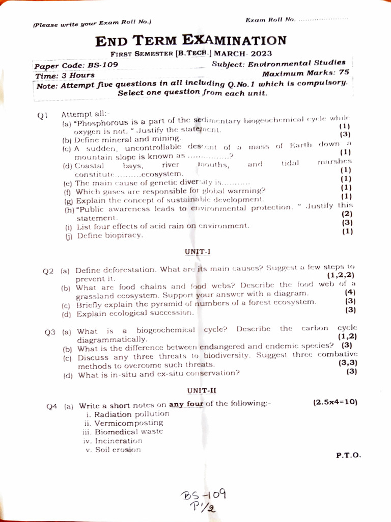 Evs 22-23 Question Paper | PDF | Physical Geography | Natural Environment