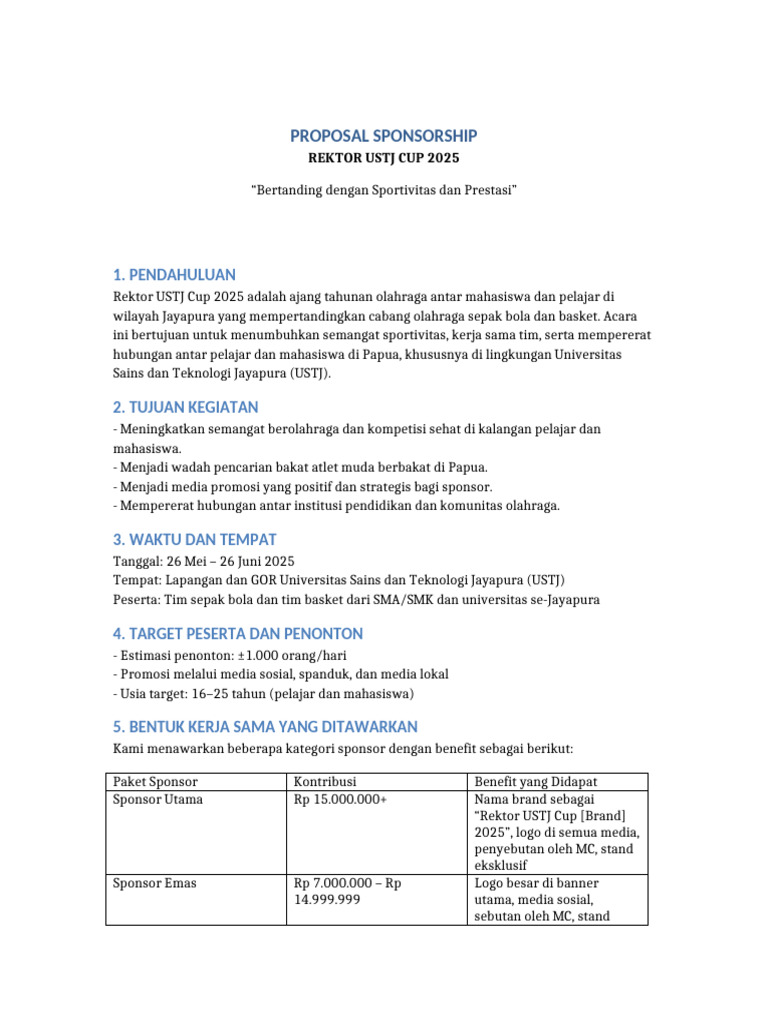 Proposal Sponsorship Rektor USTJ Cup 2025 | PDF