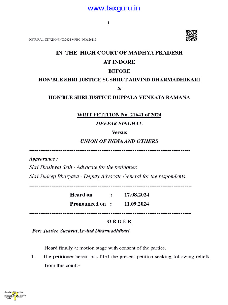 Deepak Singhal Vs Union of India and Others Madhya Pradesh High Court ...