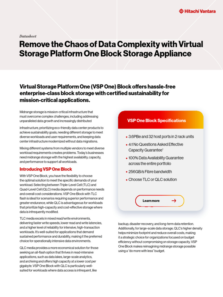 Hitachi Virtual Storage Platform One Block Datasheet | PDF | Data Center | Cloud Computing