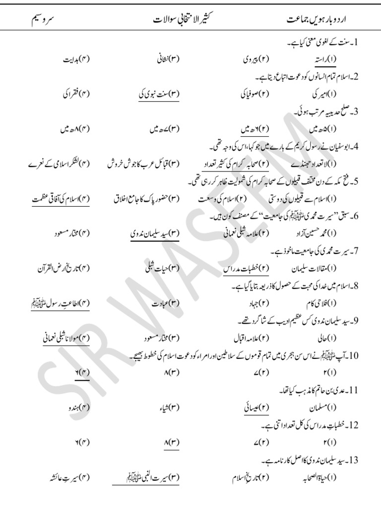 URDU XII MCQ Reduced Syllabus 2025 | PDF
