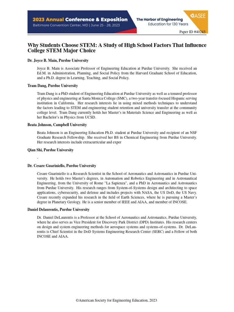 Why Students Choose Stem A Study of High School Factors That Influence ...