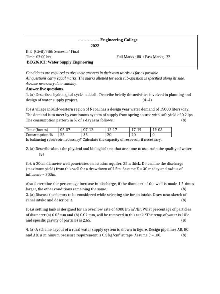 Water Supply Engineering Exam Questions | PDF | Water | Hydrology