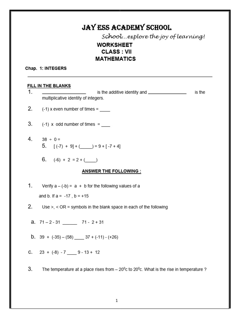 Grade 7 Ch-1 INTEGERS | PDF | Ring Theory | Mathematics