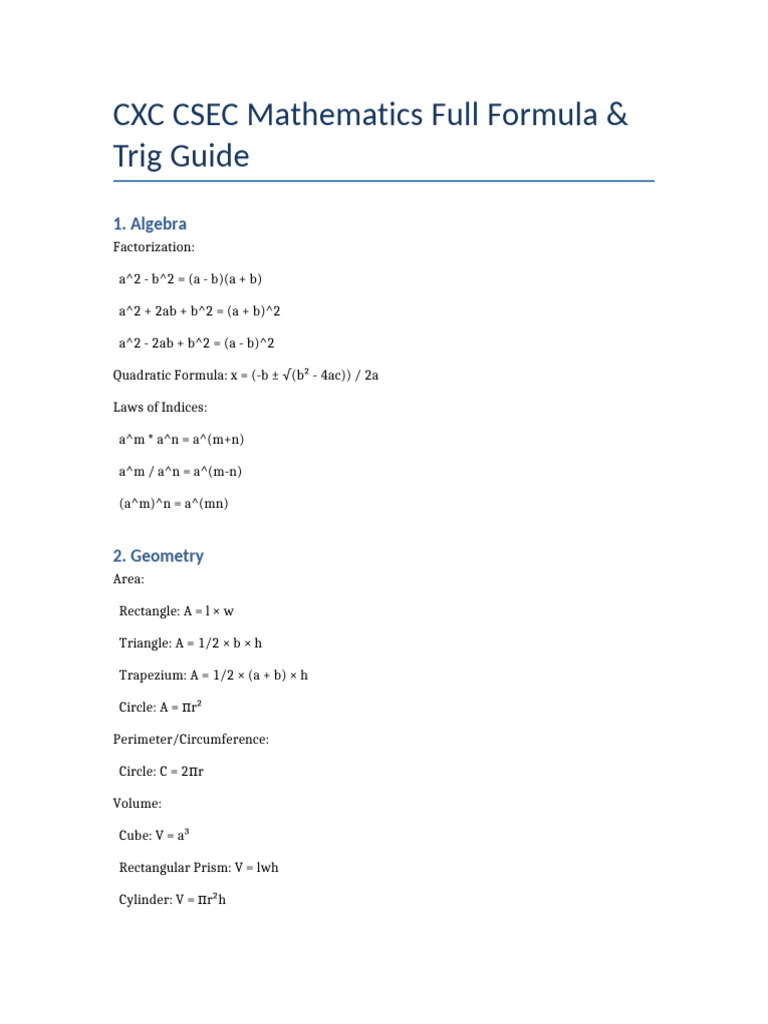 CXC CSEC Maths Formula and Trig Guide v2-1 | PDF