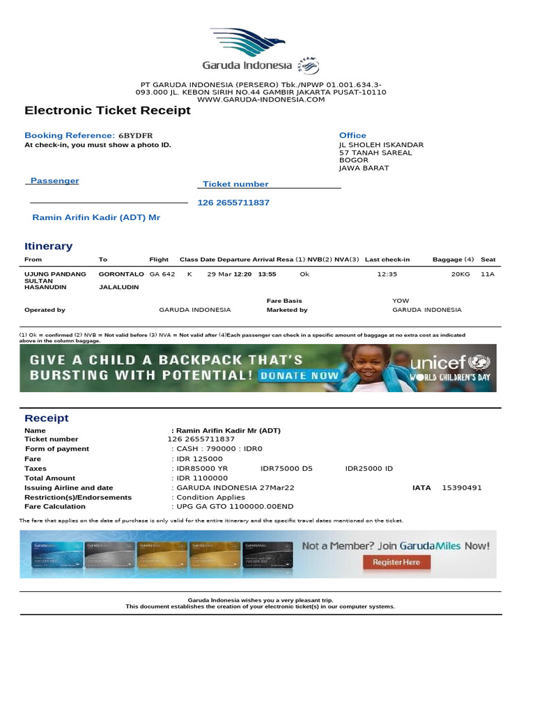 Garuda Indonesia E Ticket MR Ramin Arifin Kadir UPG GTO | PDF ...