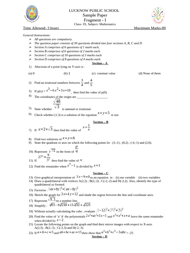 Class Ix 2018 Fragment 1 | PDF | Cartesian Coordinate System | Discrete ...