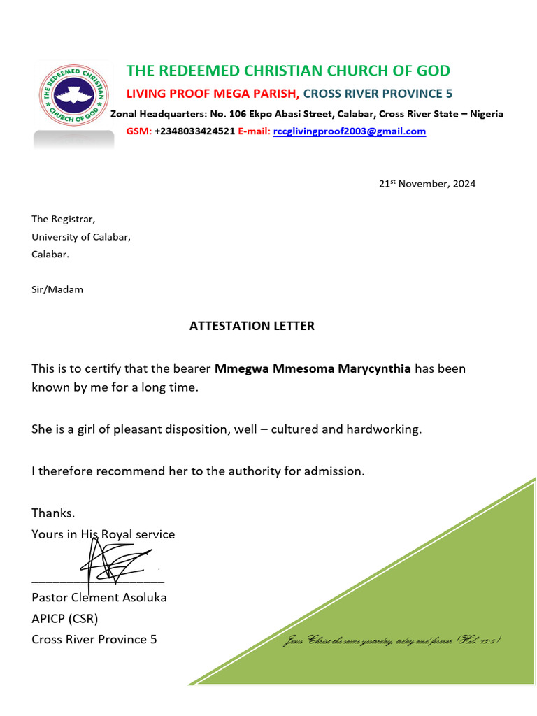 Attestation Letter from RCCG Pastor | PDF