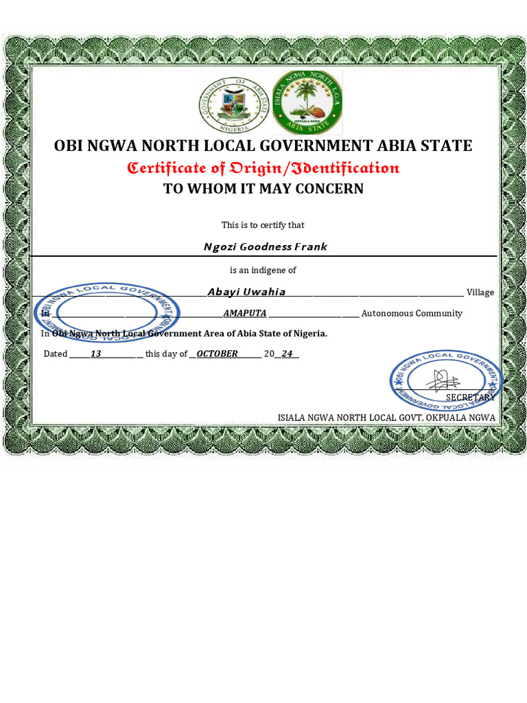 Abia State Indigeneship Certificate Sample | PDF