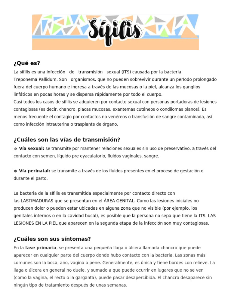 Sífilis: Transmisión, síntomas y tratamiento | PDF | Especialidades ...