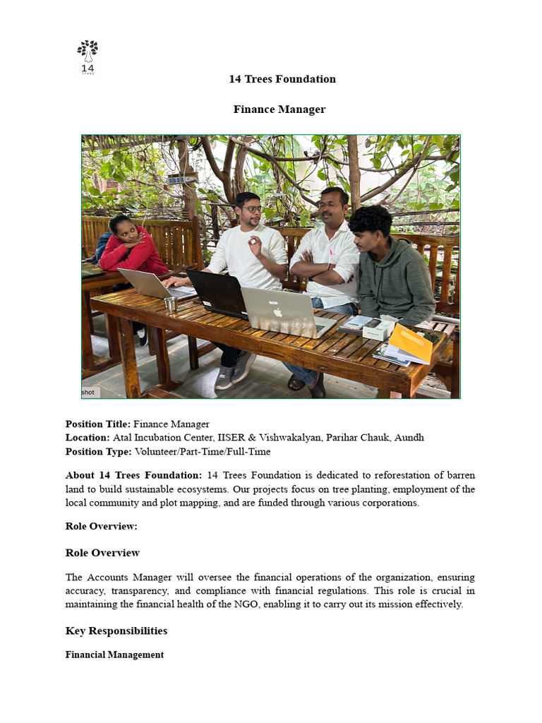Finance Manager Position at 14 Trees Foundation | PDF | Audit ...