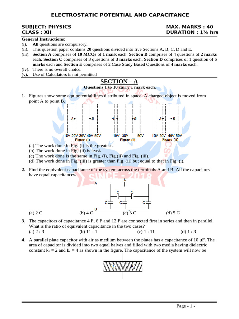 Physics Class Xii Chapter 02 Electrostatic Potential and Capacitance ...