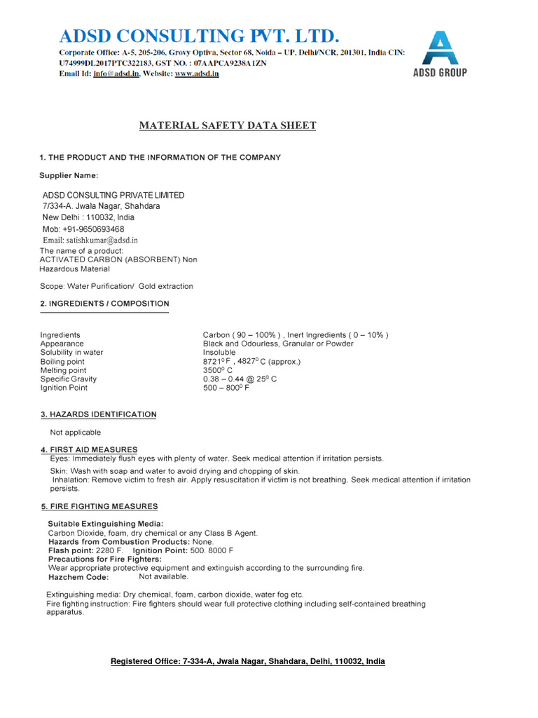 Actived Carbon - MSDS - Rev 1 | PDF | Water | Combustion