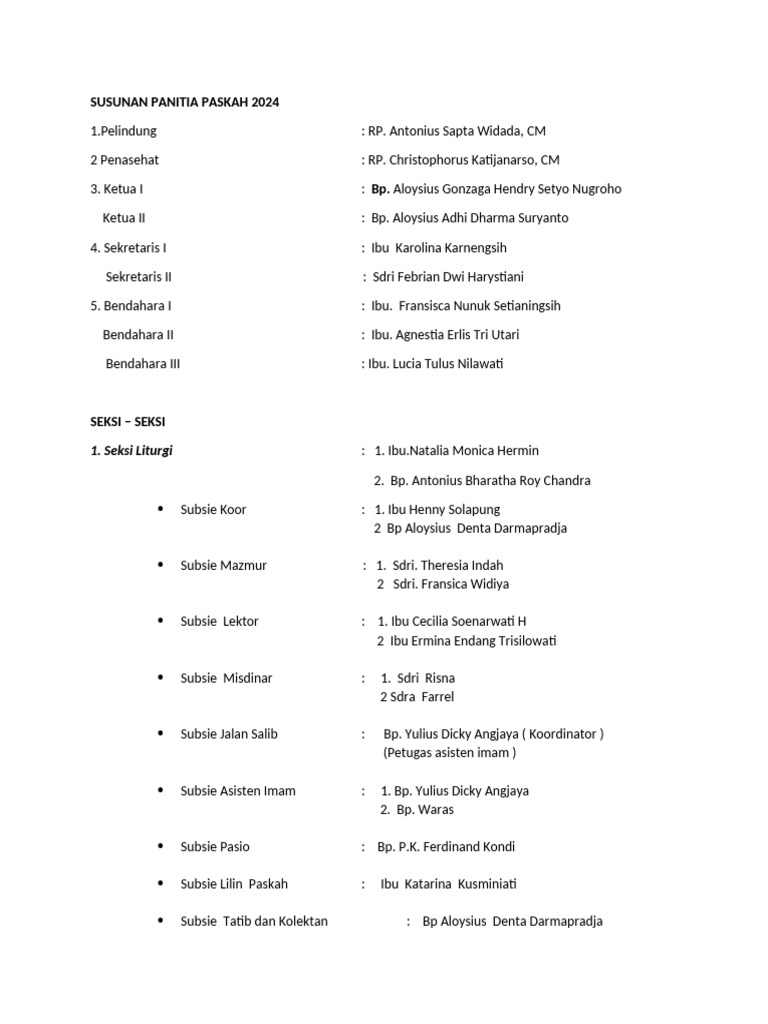 Susunan Panitia Paskah 2024 | PDF