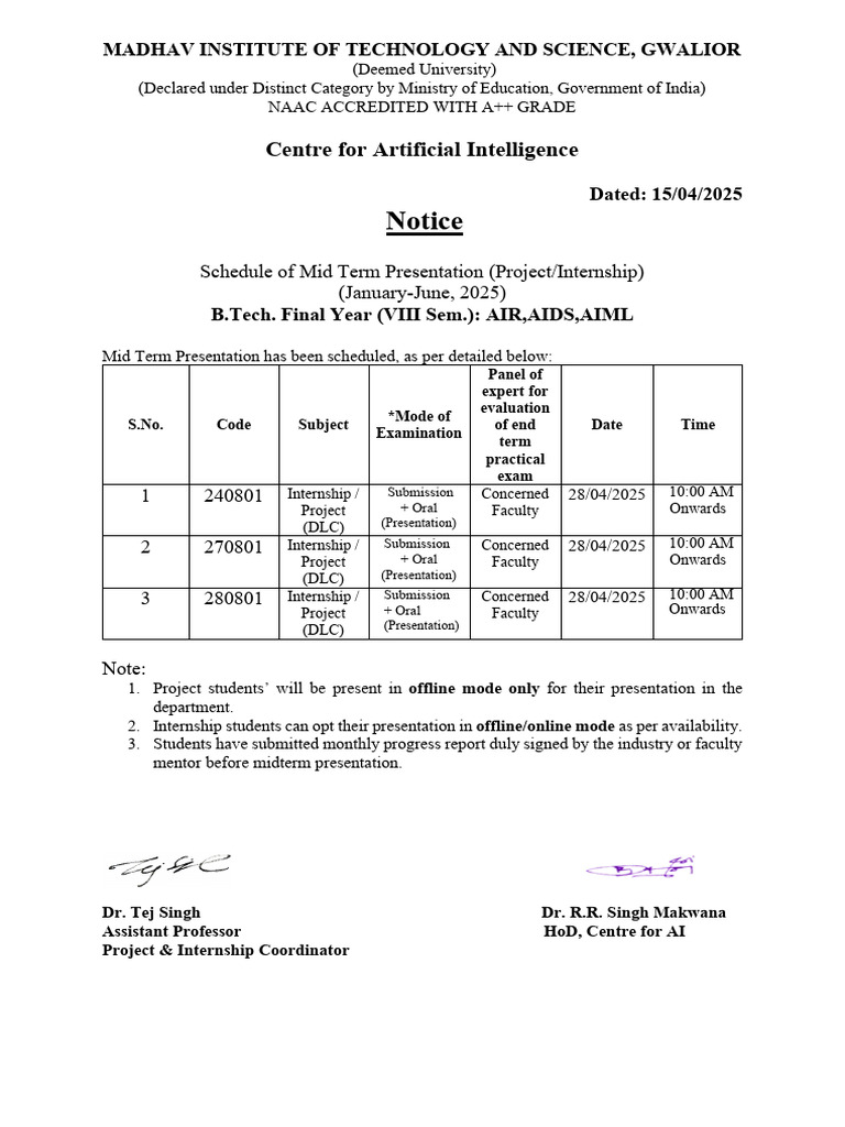 Mid Term Notice - Internship | PDF | Educational Stages | Qualifications