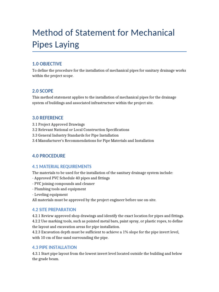 Mechanical_Pipes_Method_Statement | PDF | Pipe (Fluid Conveyance ...