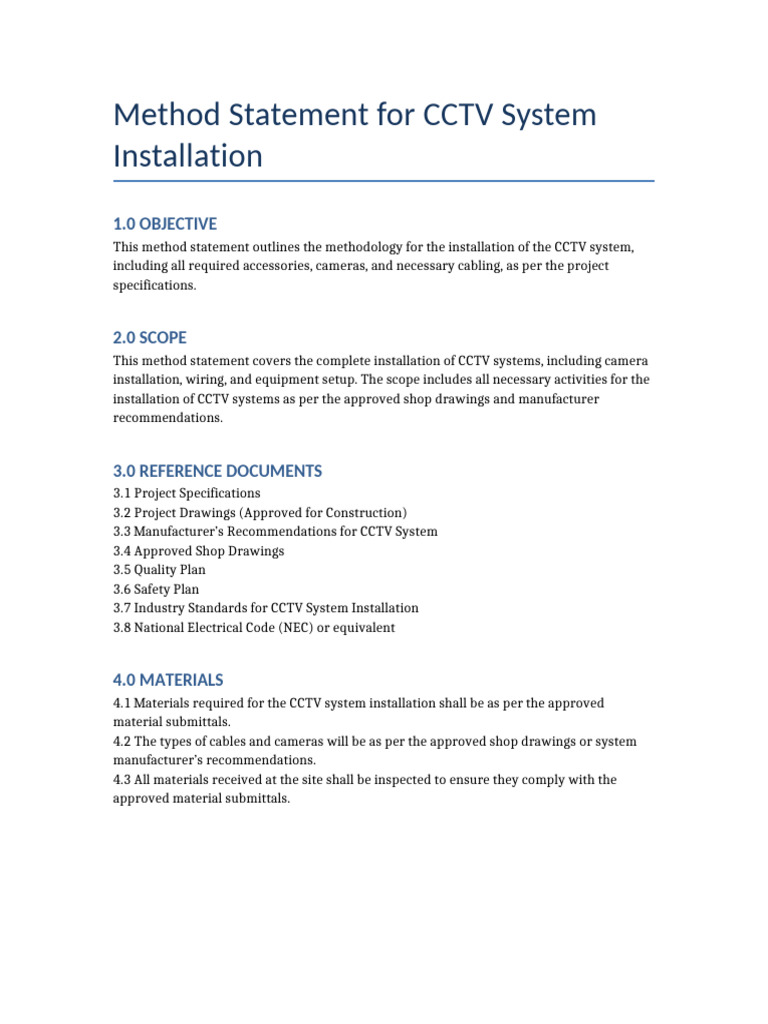 Method Statement CCTV Installation | PDF | Closed Circuit Television | Manufactured Goods