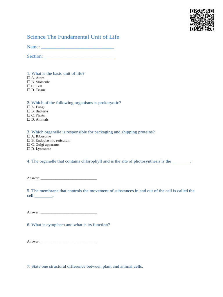 Worksheet - Grade 9 - Science - The Fundamental Unit of Life - Medium ...