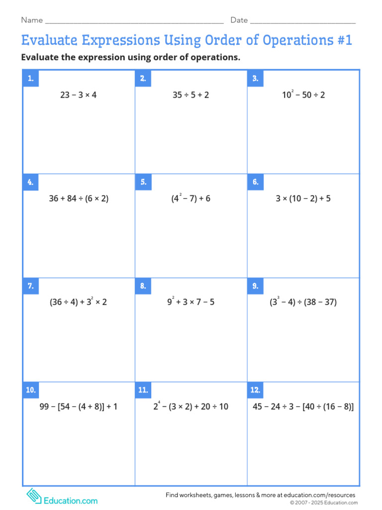 Evaluate Expressions Using Order of Operations 1 | PDF