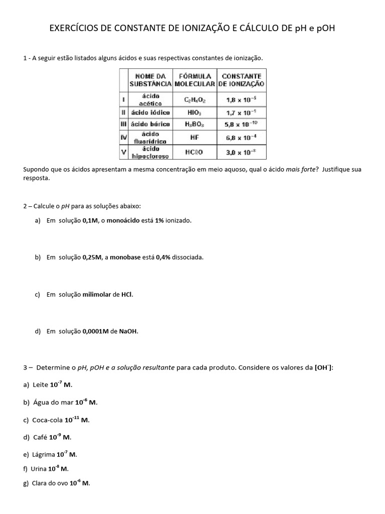 Exercícios de Constante de Ionização e Cálculo de PH e POH | PDF