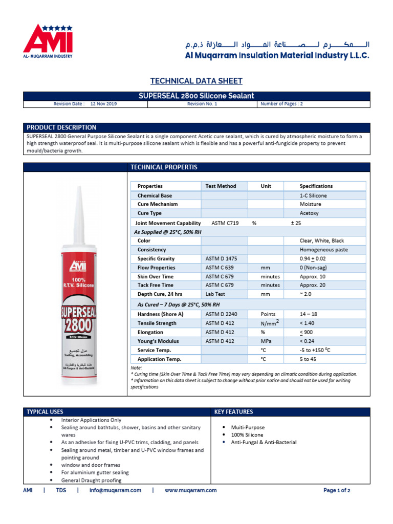 AMI 150 GP - SuperSeal 2800 Silicone Sealant - TDS | PDF | Silicone ...