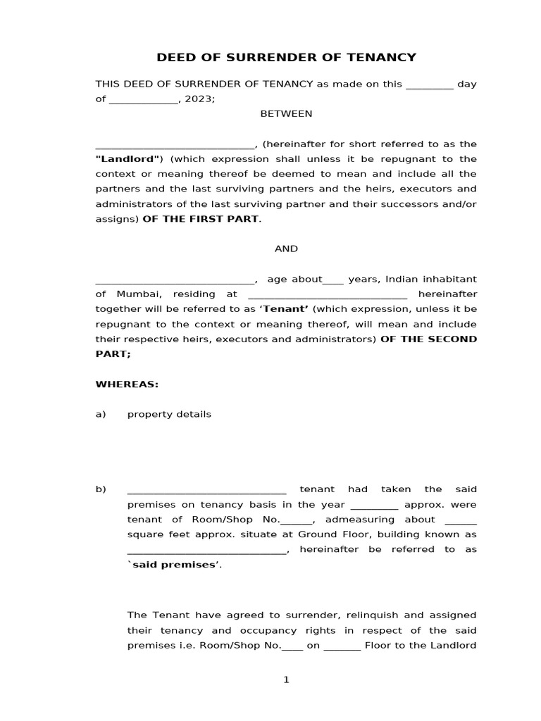 Deed of Surrender of Tenancy Draft | PDF | Leasehold Estate | Landlord