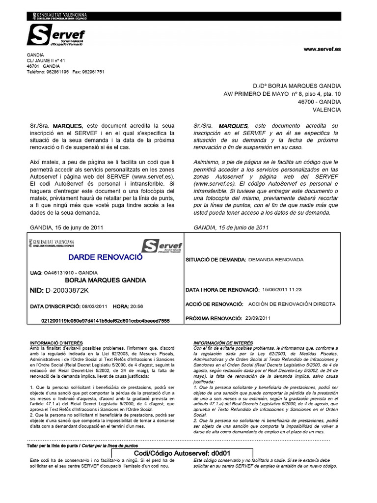 Darde Renovació: NID: D-20033872K | PDF