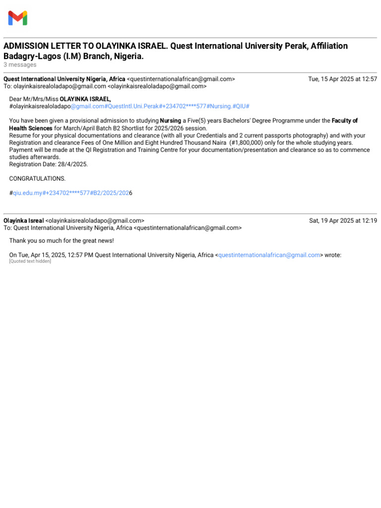 Gmail - ADMISSION LETTER To OLAYINKA ISRAEL. Quest International ...