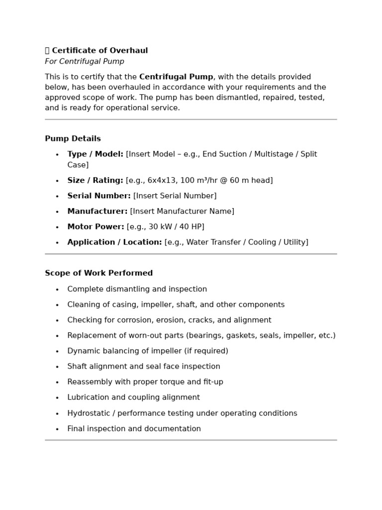 Centrifugal Pump Overhaul Certificate | PDF