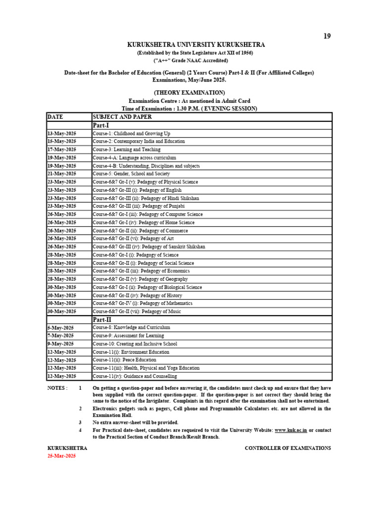 19 - Bachelor of Education (General) (2 Years Course) Part-I & II (For ...