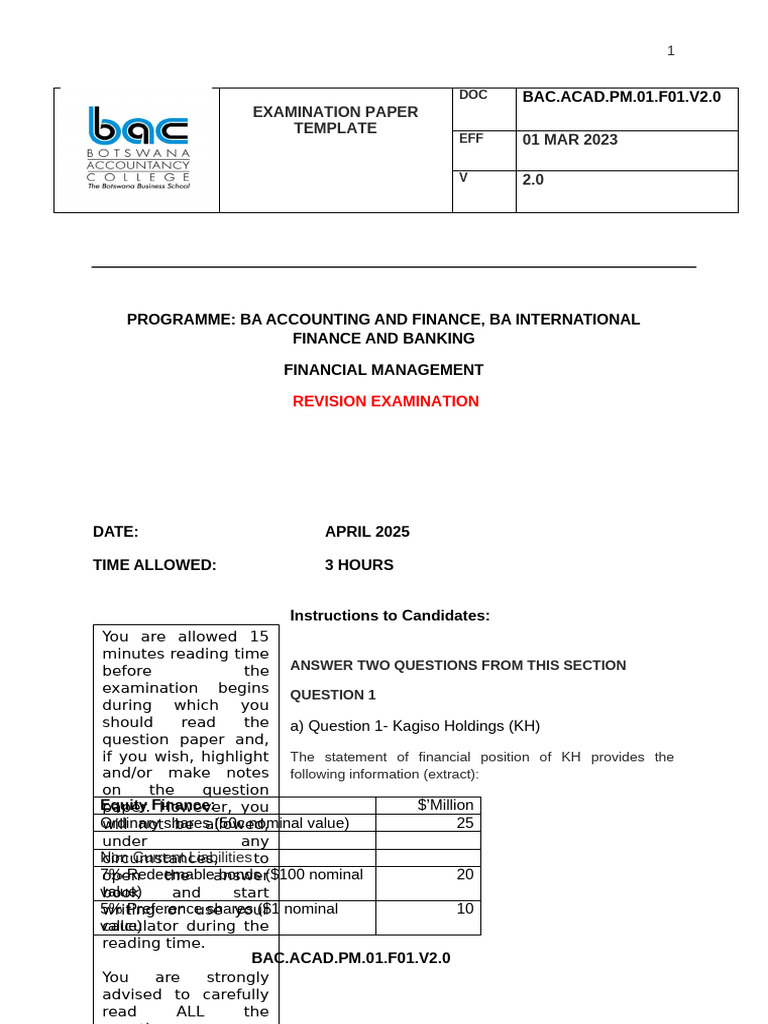Financial Management Resit Examination Questions July 2024 Updated | PDF | Cost Of Capital ...