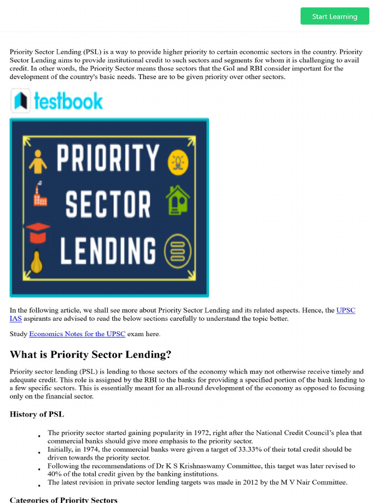 Priority Sector Lending (PSL) - Meaning, History & Guidelines | PDF