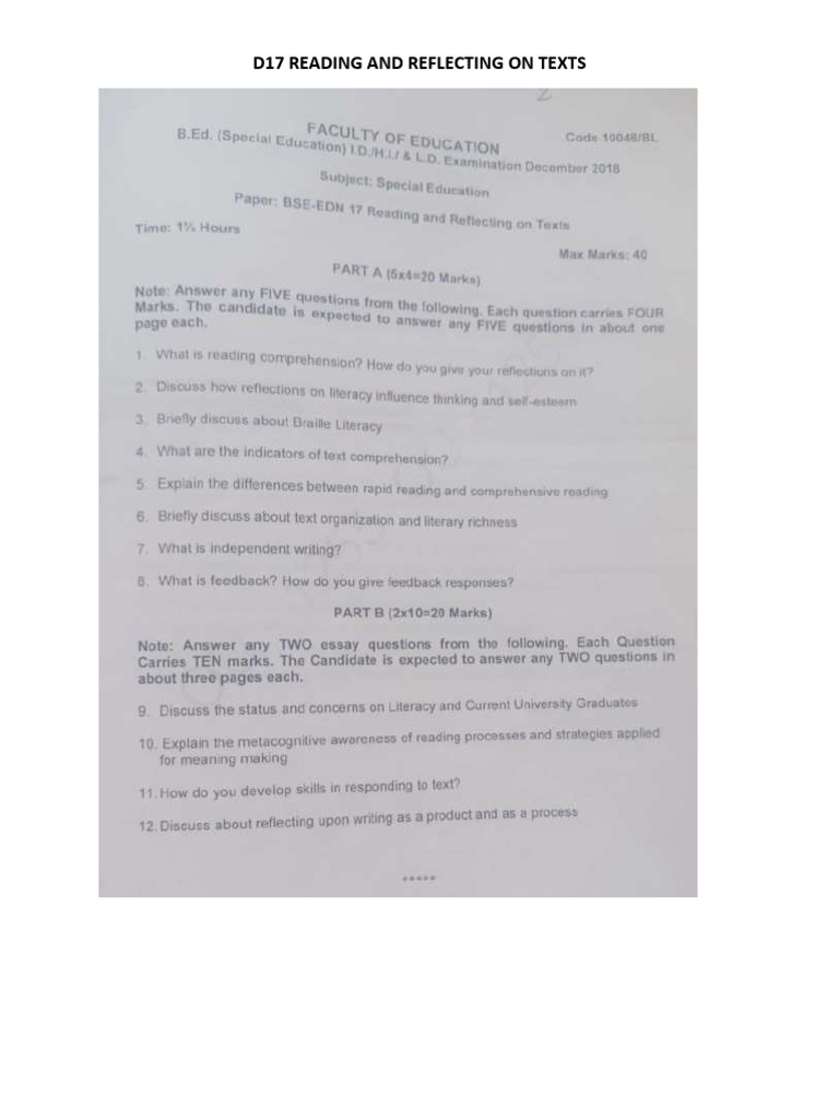 D17 Reading and Reflecting On Texts | PDF