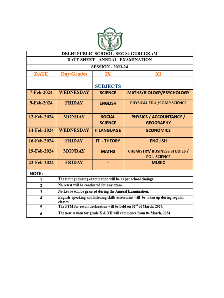 Annual Exam Date Sheet IX and XI Session 202324 | PDF