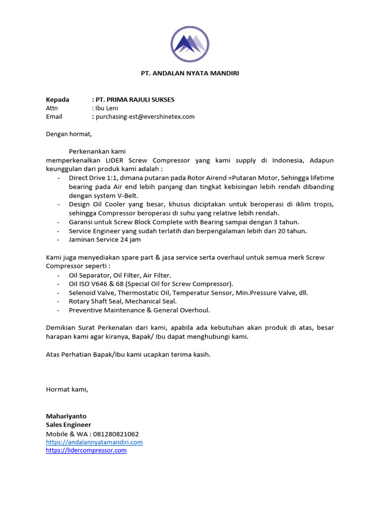 Surat Perkenalan Product (Prima Rajuli Sukses) | PDF