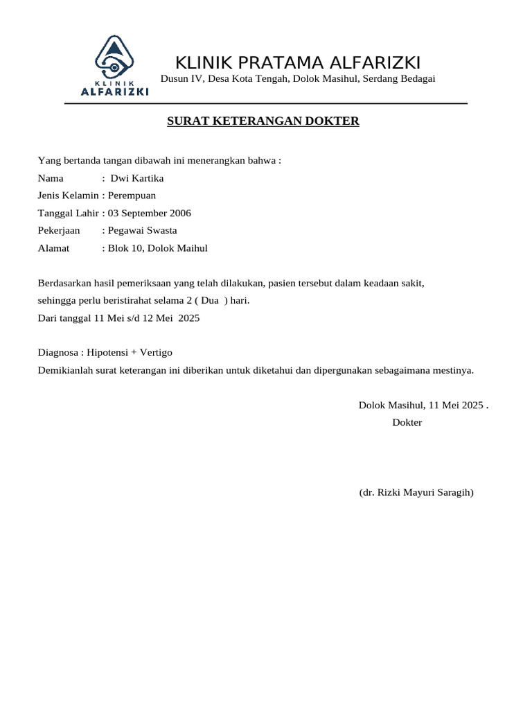 Form Surat Sakit Klinik Alfarizki | PDF
