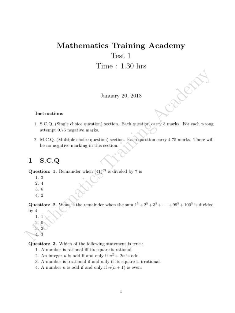 Mathematics Training Academy Test 1 | PDF | Numbers | Mathematical Logic