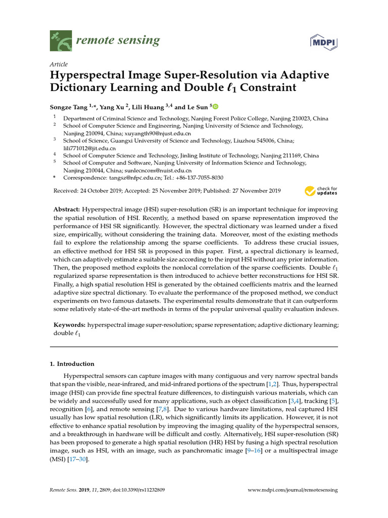 Hyperspectral Image Super-Resolution Via Adaptive Dictionary Learning and Double '1 Constraint ...