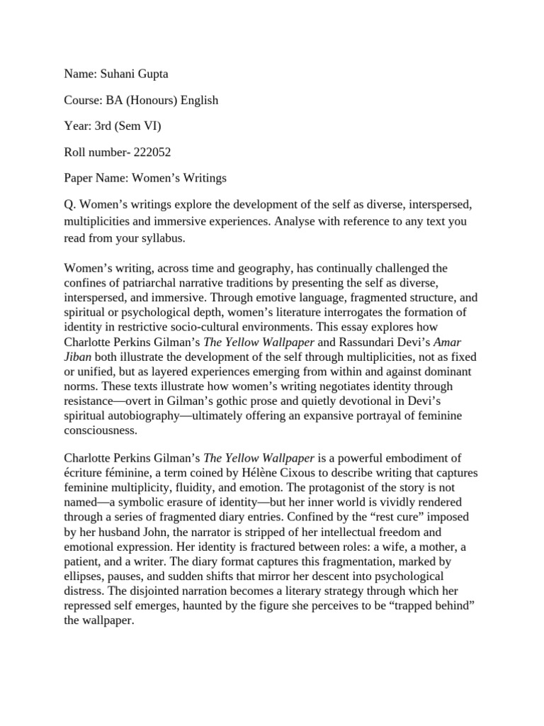 Suhani - 222052 - Women's Writing | PDF | The Yellow Wallpaper