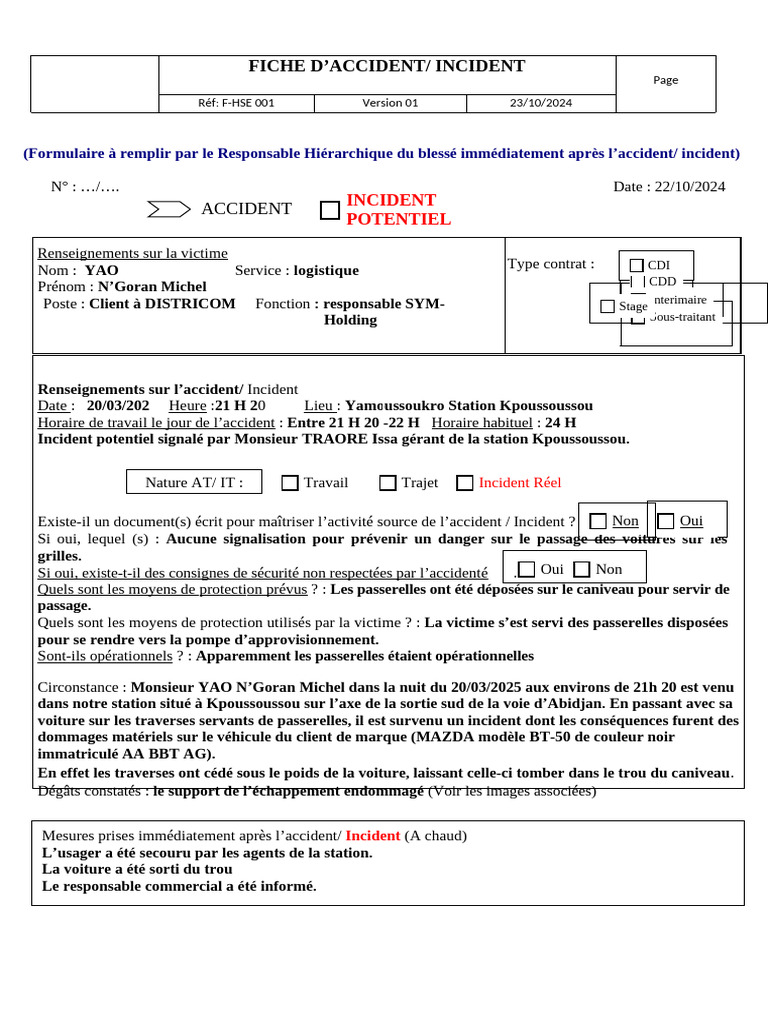 Fiche Accident Incident | PDF | Blessure | Maladies et troubles