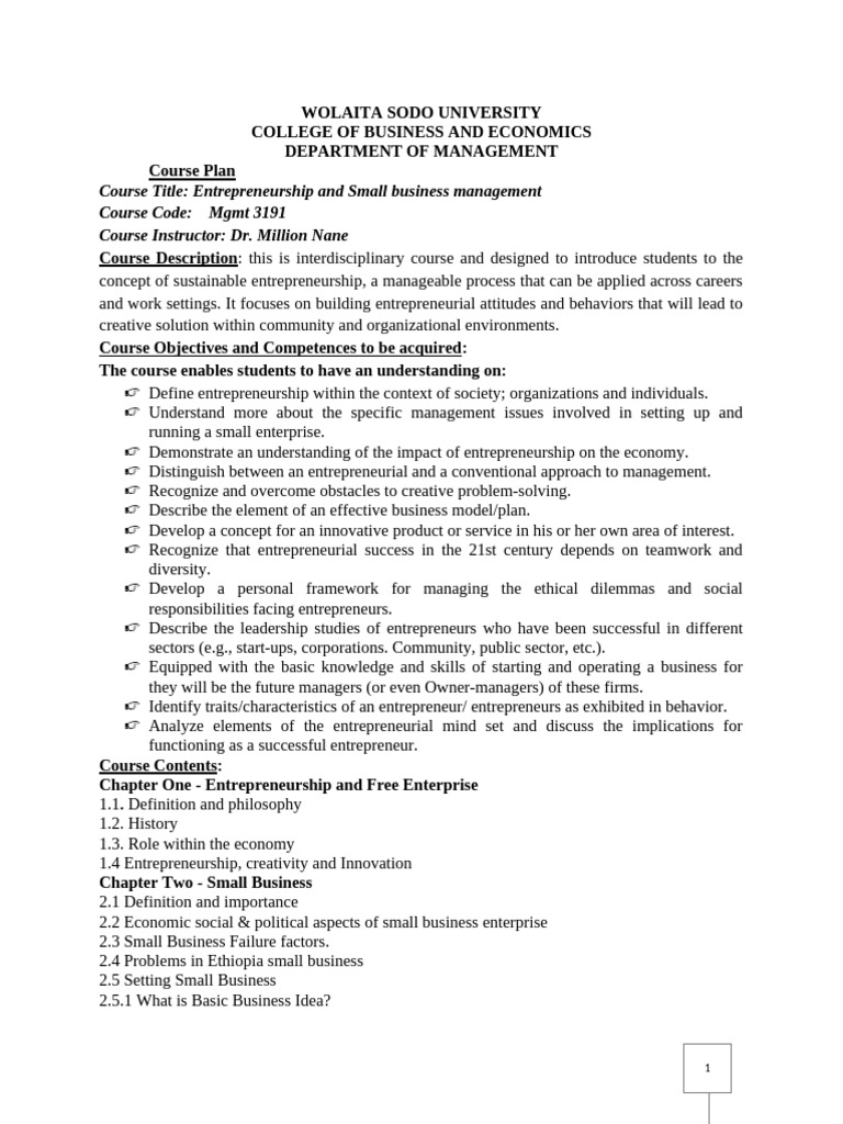 Course Outline For Entrepreneurship and Small Business Managment | PDF ...