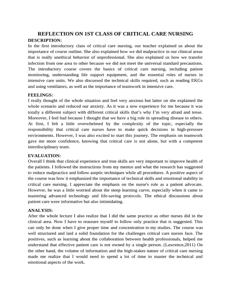Reflection On 1ST Class of Critical Care Nursing | PDF | Nursing ...