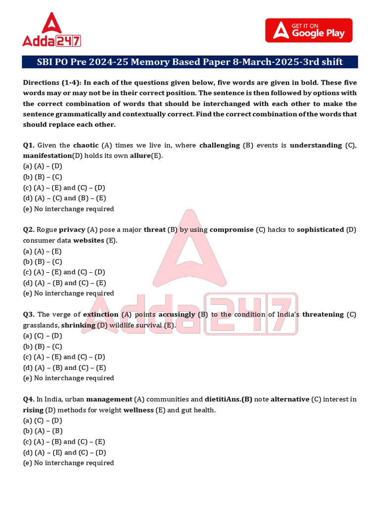 SBI PO Pre 2024 25 Memory Based Paper 8 March 2025 3rd Shift 2 | PDF ...