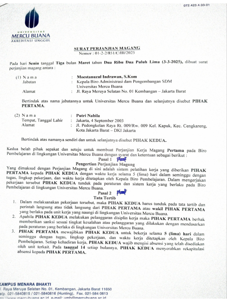 Surat Perjanjian Magang | PDF