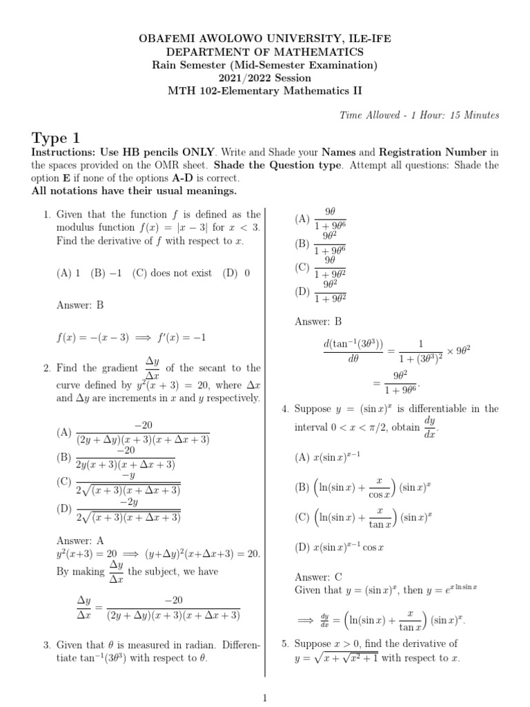 MTH102 Answer Mid Semester 020123 090540 | PDF | Mathematical Relations | Differential Calculus