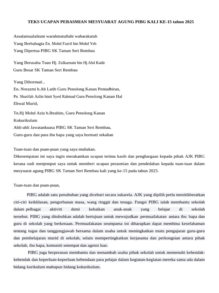 Ucapan Perasmian Mesyuarat PIBG 2025 | PDF