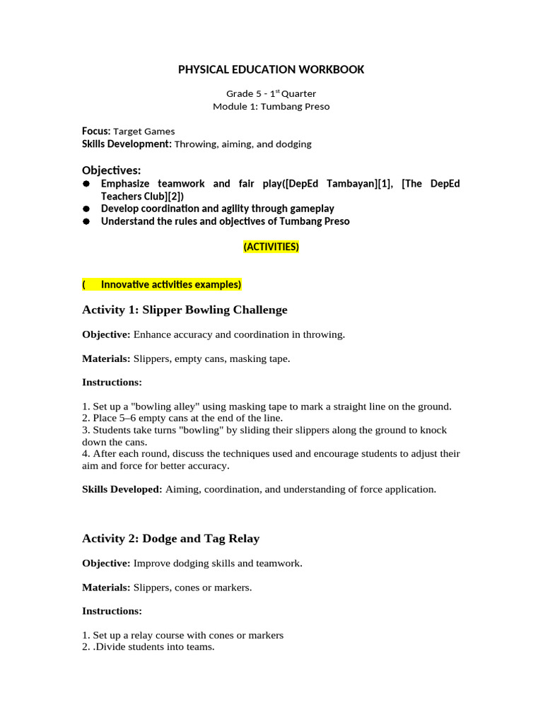 Grade 5 Physical Education Workbook | PDF | Skill | Learning