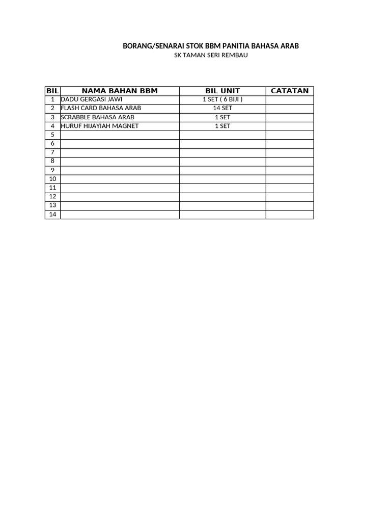 Borang Stok BBM B, Arab SK TSR | PDF
